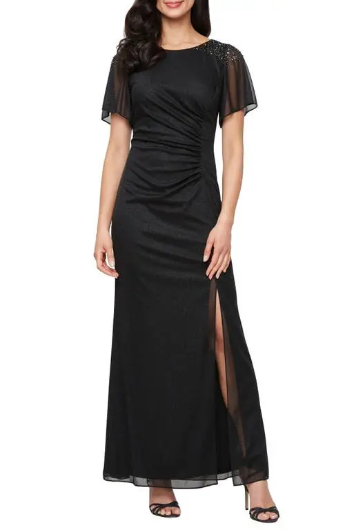 SL FASHIONS Sparkle Embellished Shoulder Gown - Black