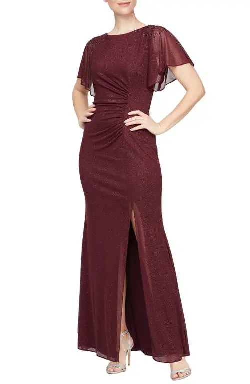SL FASHIONS Sparkle Embellished Shoulder Gown - Fig