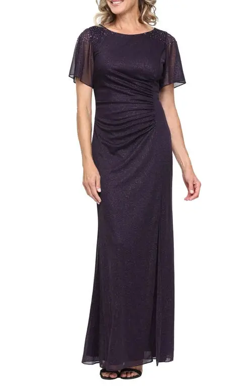 SL FASHIONS Sparkle Embellished Shoulder Gown - Plum