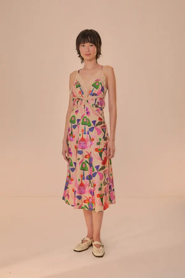 Farm Rio Active Sand Fairies Slip Midi Dress - Fairies Sand | Editorialist