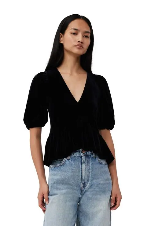 Ganni Velvet Jersey V-Neck Blouse - Black | Editorialist