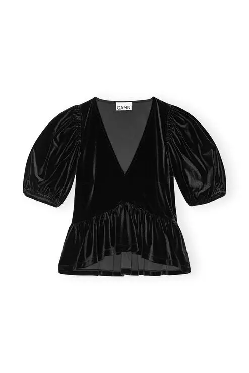 Ganni Velvet Jersey V-Neck Blouse - Black | Editorialist