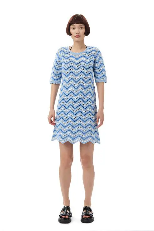Ganni Blue Cotton Crochet Mini Dress - Heather | Editorialist