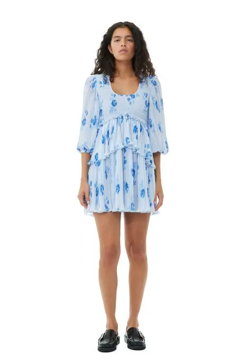 Ganni Blue Pleated Georgette Flounce Smock Mini Dress - Heather