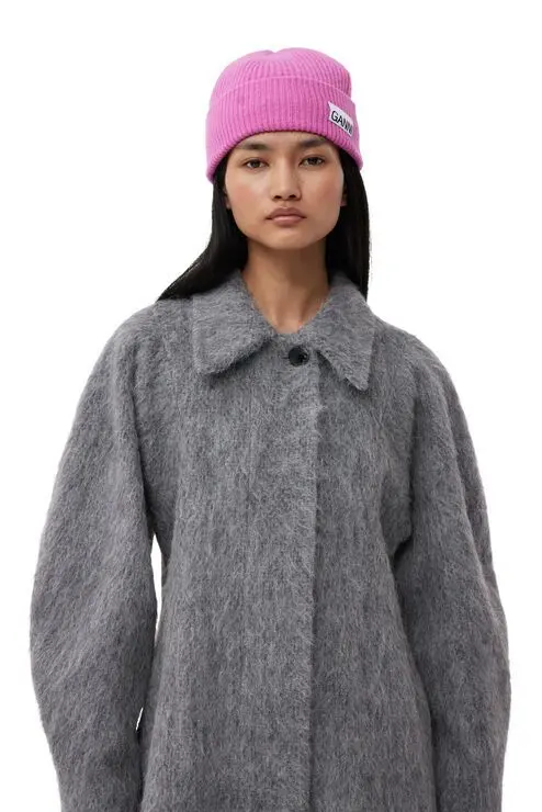 GANNI Pink Fitted Wool Rib Knit Beanie