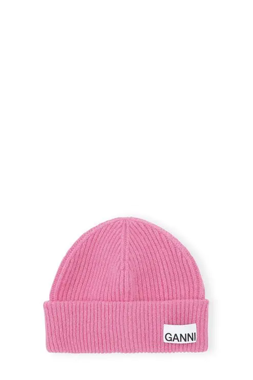 GANNI Pink Fitted Wool Rib Knit Beanie