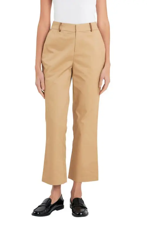 English Factory Faux Leather Trim Crop Flare Twill Trousers - Tan