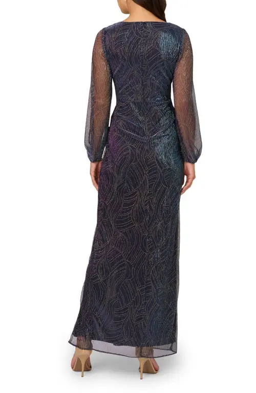 Adrianna Papell Metallic Mesh Long Sleeve Gown - Gold/ Blue | Editorialist