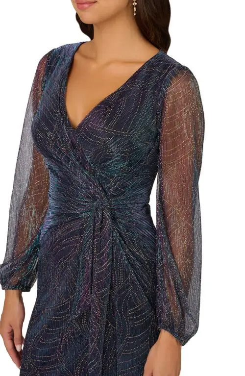 Adrianna Papell Metallic Mesh Long Sleeve Gown - Gold/ Blue | Editorialist