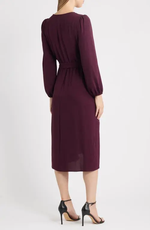 Connected Apparel Long Sleeve Faux Wrap Midi Dress - Bordeaux | Editorialist