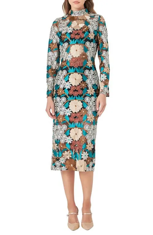 Endless Rose Floral Embroidered Long Sleeve Dress - Green Multi