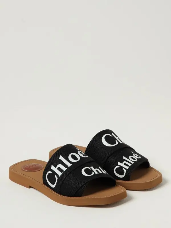 Chloé Woody Canvas Slide Sandals With Square Toe - Black