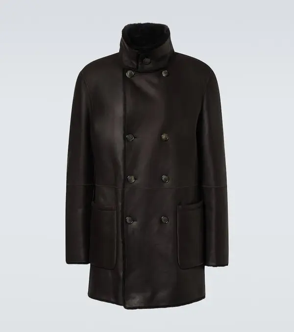 Giorgio Armani Reversible Leather And Shearling Pea Coat - Brown