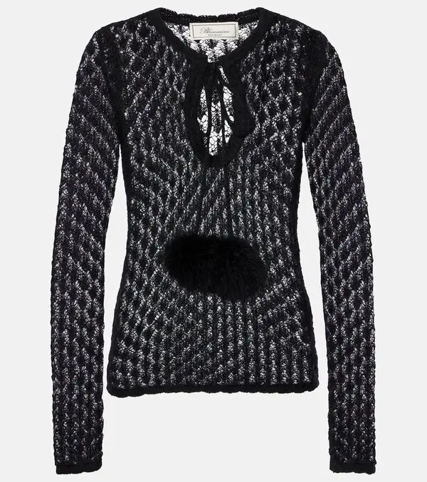 Blumarine Open-knit Top With Feather Details - Black