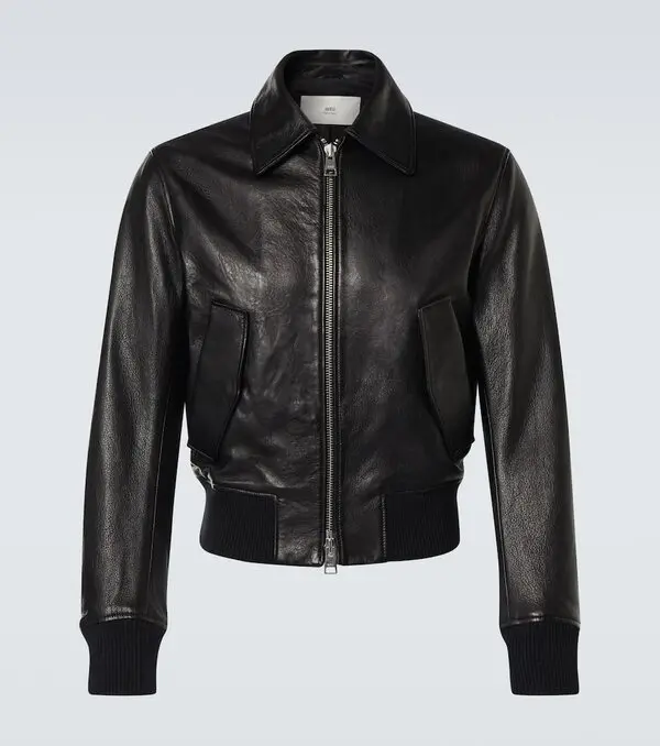 AMI Paris Leather Bomber Jacket