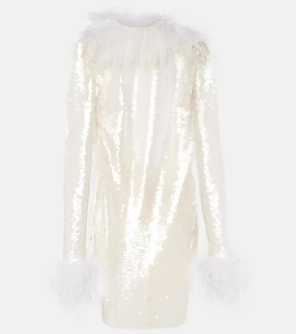 THE NEW ARRIVALS ILKYAZ OZEL Feather-trimmed Sequined Minidress - White
