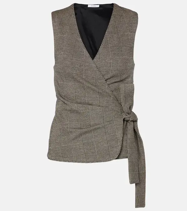 Max Mara Adige Houndstooth Wool-blend Wrap Top - Black
