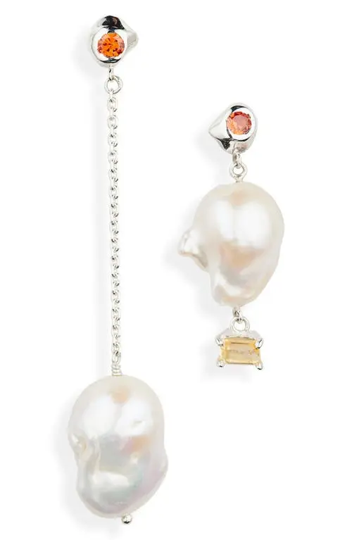 FARIS Pearl & Sapphire Mismatched Drop Earrings - Silver