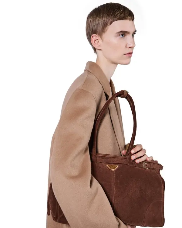 Prada Bonnie Large Suede Handbag - Brown