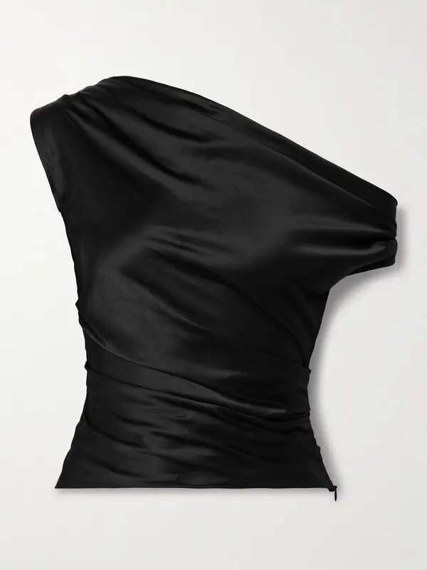 Staud Phare One-shoulder Draped Silk-blend Satin Top