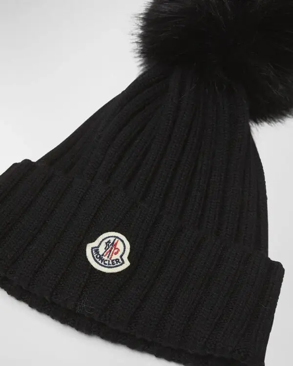 Moncler Ribbed Wool Beanie With Faux Fur Pom - Black