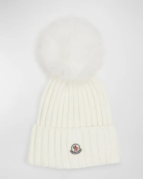 Moncler Ribbed Wool Beanie With Faux Fur Pom - Natural