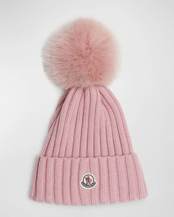 Moncler Ribbed Wool Beanie With Faux Fur Pom - Pink