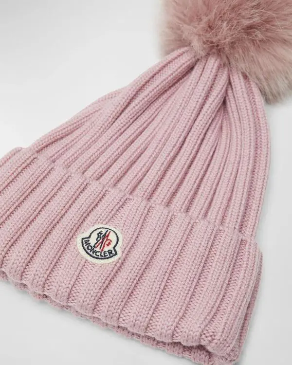 Moncler Ribbed Wool Beanie With Faux Fur Pom - Pink