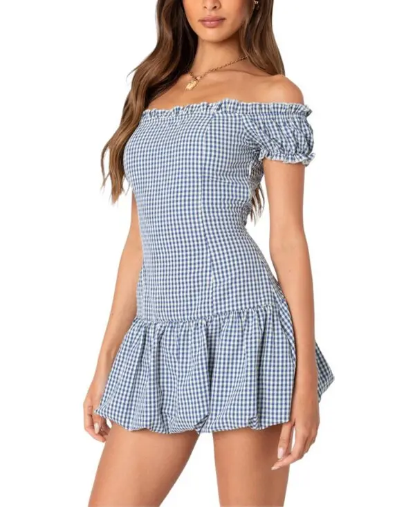 EDIKTED Gingham Off-shoulder Mini Dress - Blue And White