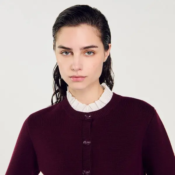 Sandro Knit Cardigan With Ruffled Collar - Burgundy