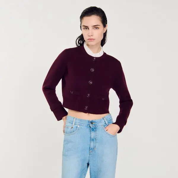Sandro Knit Cardigan With Ruffled Collar - Burgundy