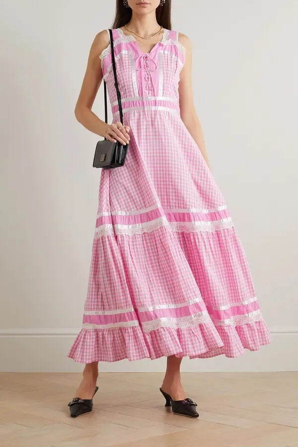Batsheva Meadow Tiered Gingham Cotton-Poplin Maxi Dress In Pink - 85% Off |  Editorialist