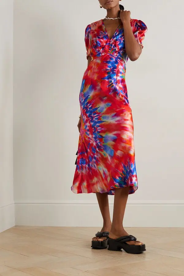 Saloni Venyx Lea Tie-dyed Silk Midi Dress - Orange