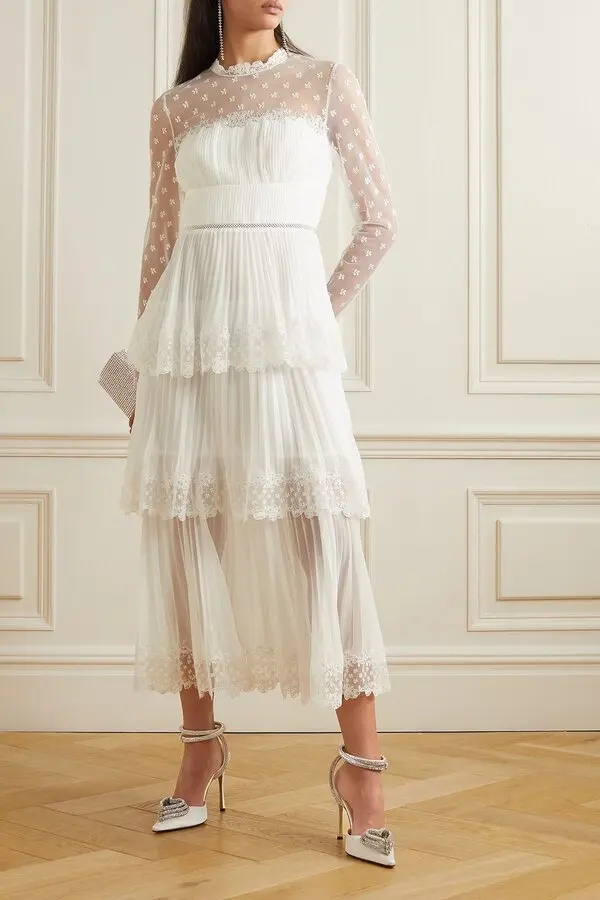 self-portrait lace-trimmed pleated chiffon midi dress Lace-trimmed pleated chiffon midi dress - green