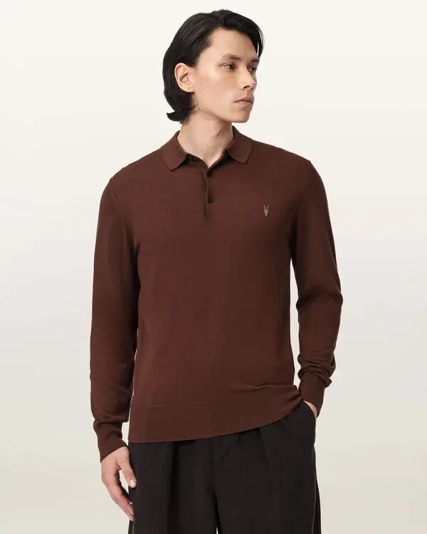 ALLSAINTS Mode Merino Long Sleeve Ramskull Polo Shirt - Brown