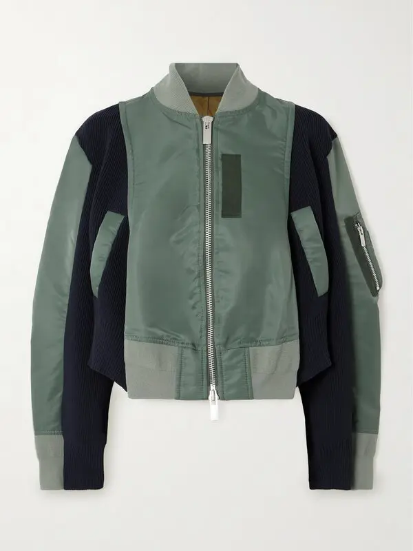 Sacai Paneled Cotton-Blend Shell And Ribbed-Knit Bomber Jacket In