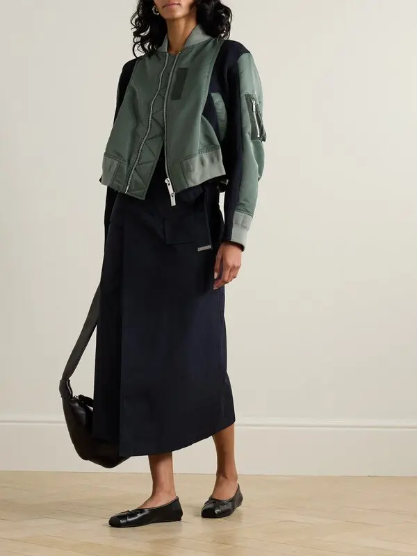 Sacai Paneled Cotton-Blend Shell And Ribbed-Knit Bomber Jacket In