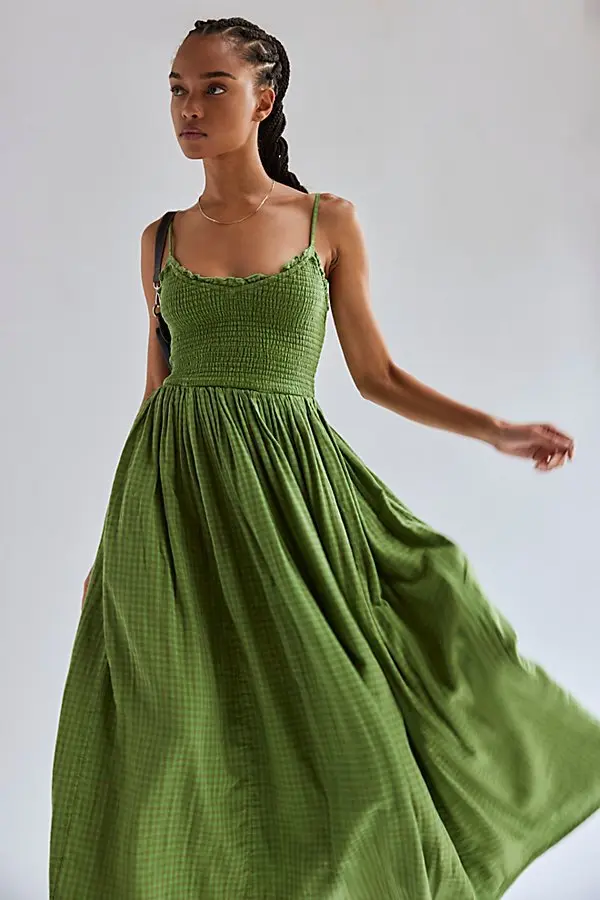 Free People Sweet Nothings Gingham Maxi Dress - Fresh Chives | Editorialist