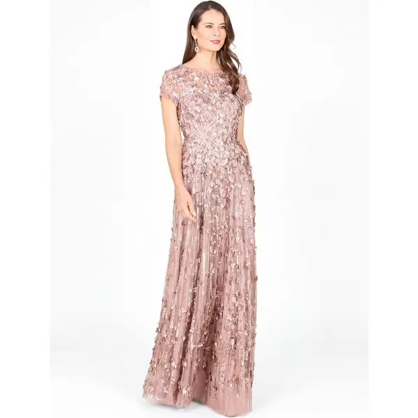 LARA NEW YORK 3d Floral Embellished Cap Sleeve Gown - Darktaupe