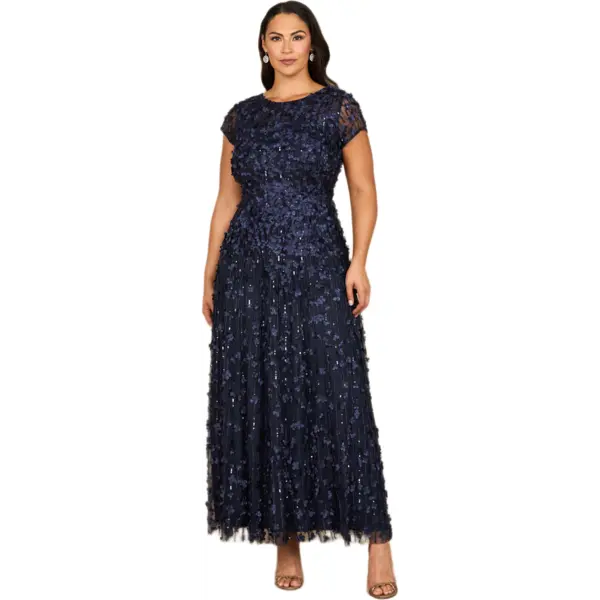LARA NEW YORK 3d Floral Embellished Cap Sleeve Gown - Navy