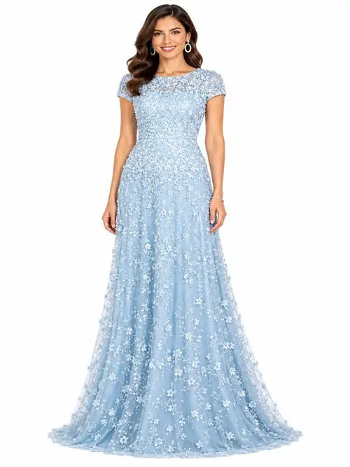 LARA NEW YORK 3d Floral Embellished Cap Sleeve Gown - Periwinkle