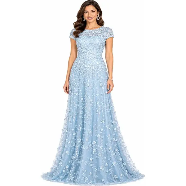 LARA NEW YORK 3d Floral Embellished Cap Sleeve Gown - Periwinkle