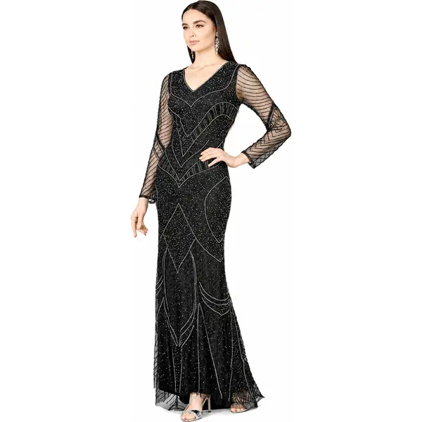 LARA NEW YORK Beaded Tulle Gown - Black