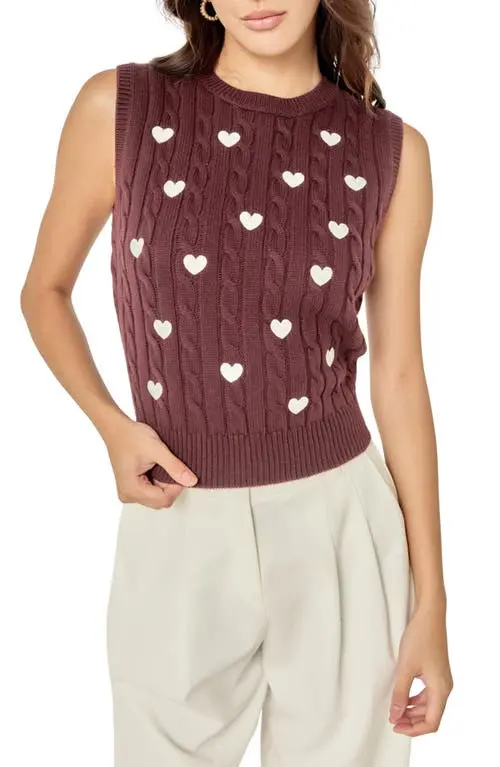 English Factory Heart Embroidered Cable Knit Sweater Vest - Brown