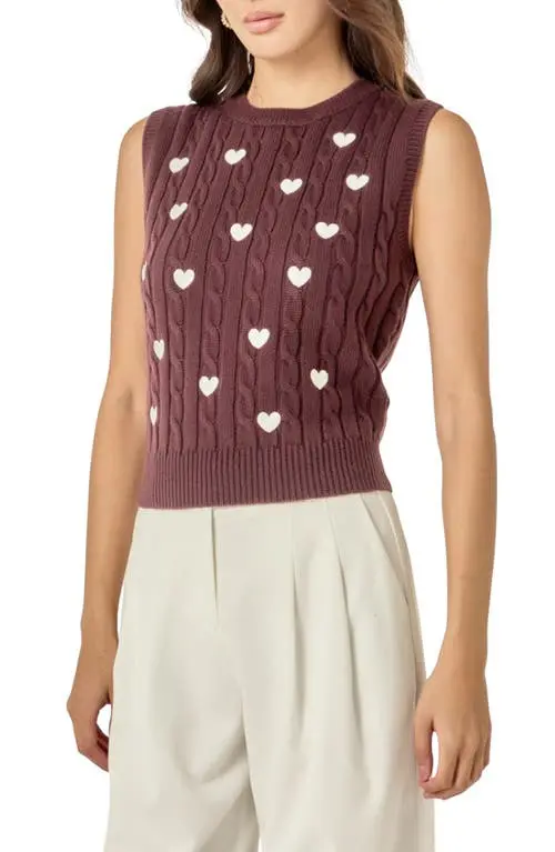 English Factory Heart Embroidered Cable Knit Sweater Vest - Brown