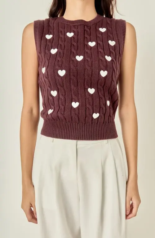 English Factory Heart Embroidered Cable Knit Sweater Vest - Brown
