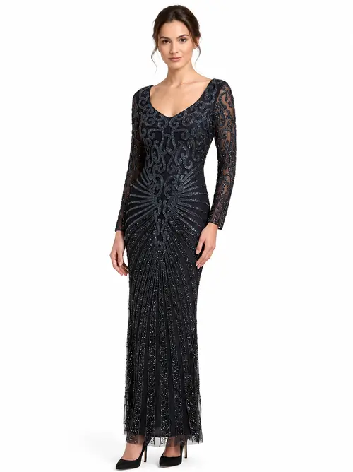 LARA NEW YORK V-neck Beaded Long Sleeve Gown - Black
