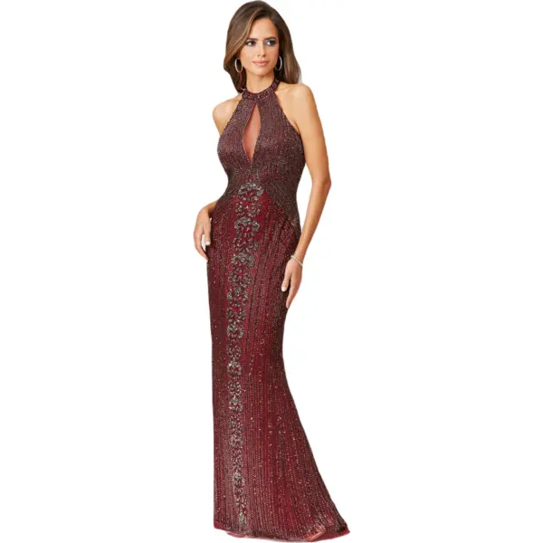 LARA NEW YORK Halter Neck Embellished Gown - Wine