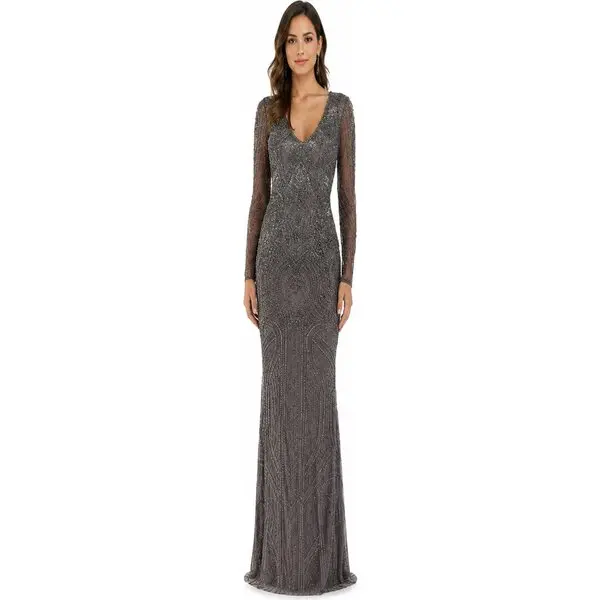 LARA NEW YORK Long Sleeve Beaded Gown - Grey