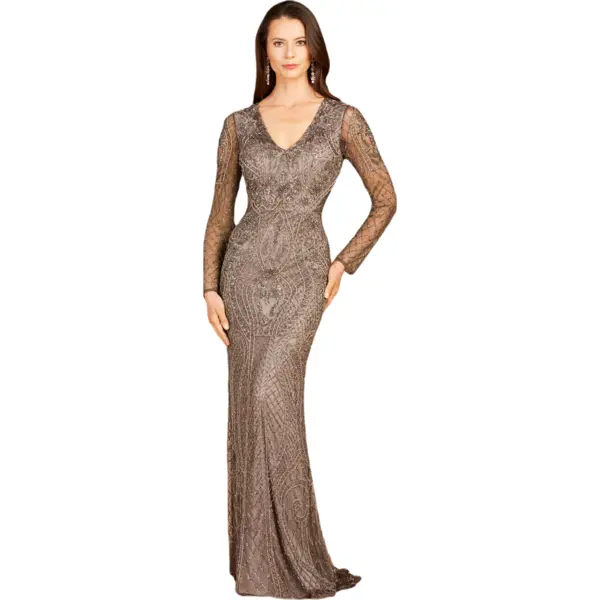 LARA NEW YORK Long Sleeve Beaded Gown - Grey